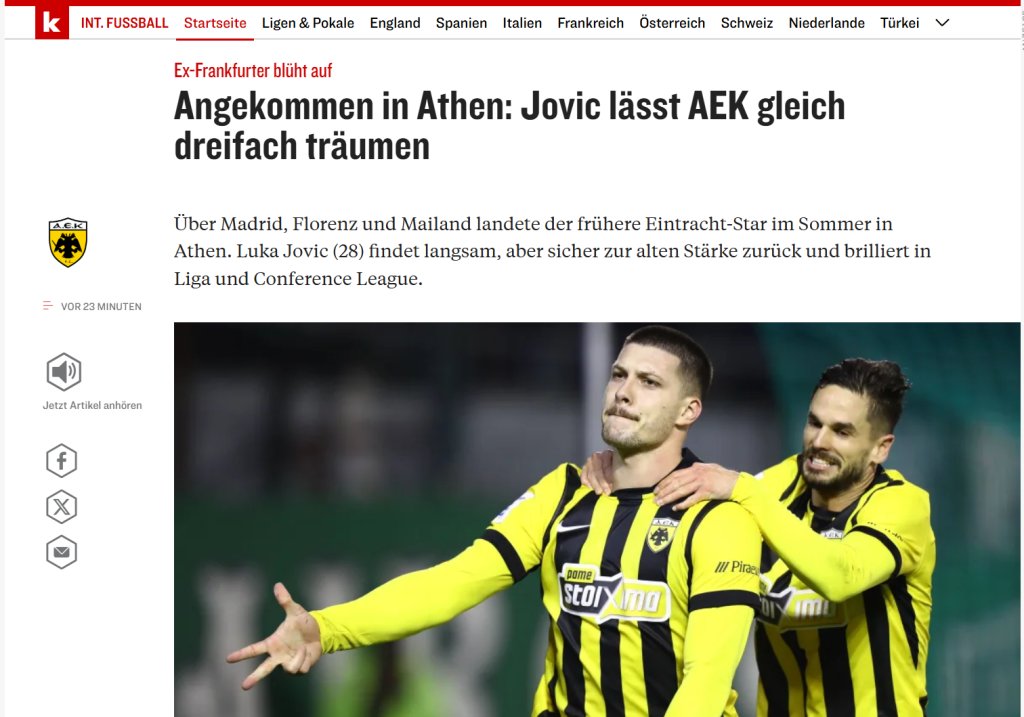 Ύμνοι του Kicker για τον Γιόβιτς! - 30/12 12:26 : aek365